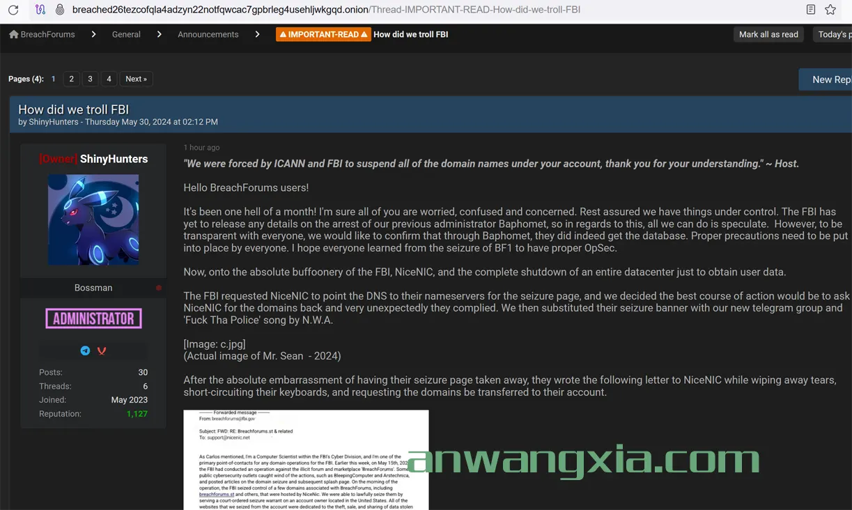 ShinyHunters发帖称自己戏弄了FBI，但网友依旧认为第三版BreachForums是FBI的蜜罐 - 暗网下